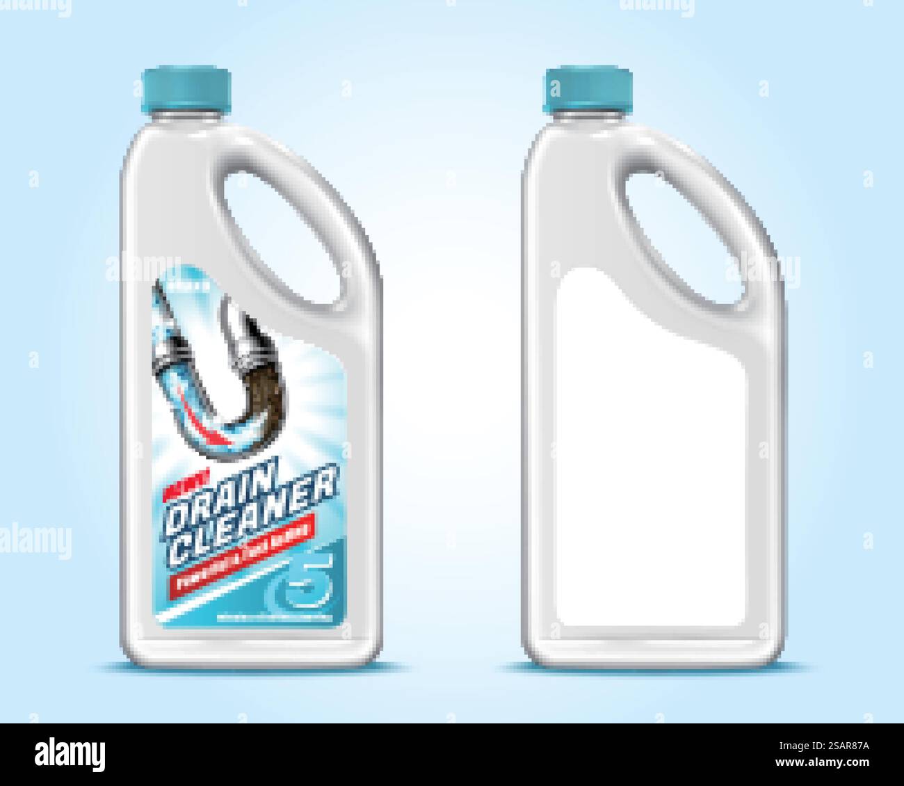 3d illustration of drain cleaner bottle mock-up, isolated on light blue ...