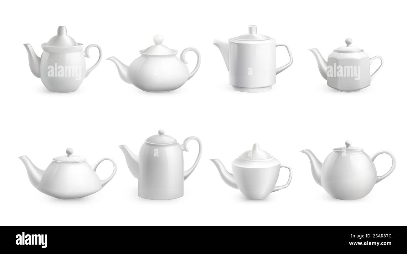 Realistic teapots. White porcelain dishes with cups and nose for tea ...