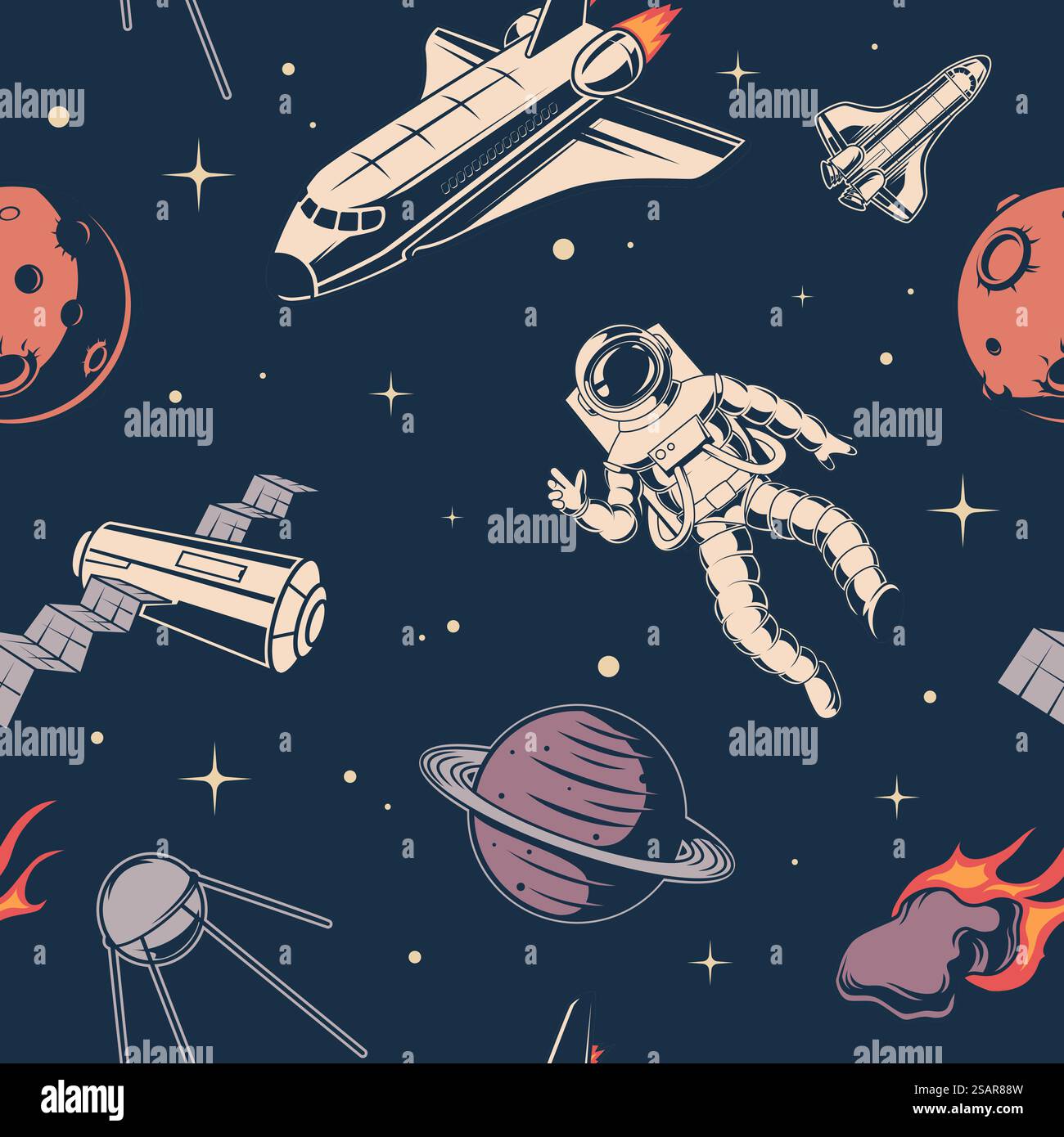 Space universe pattern. Mars exploration symbols astronaut adventure in ...