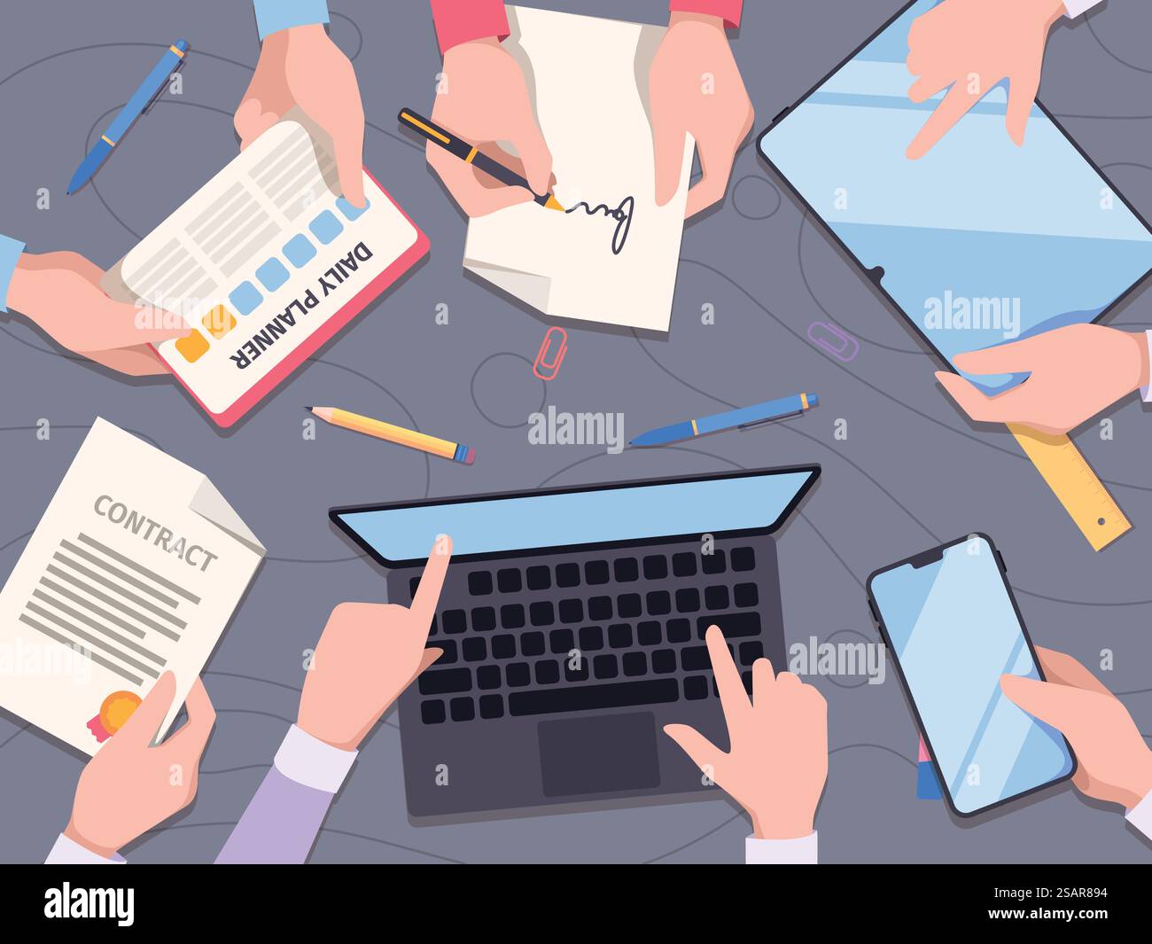 Teamwork top view. Business managers working together sitting at table ...