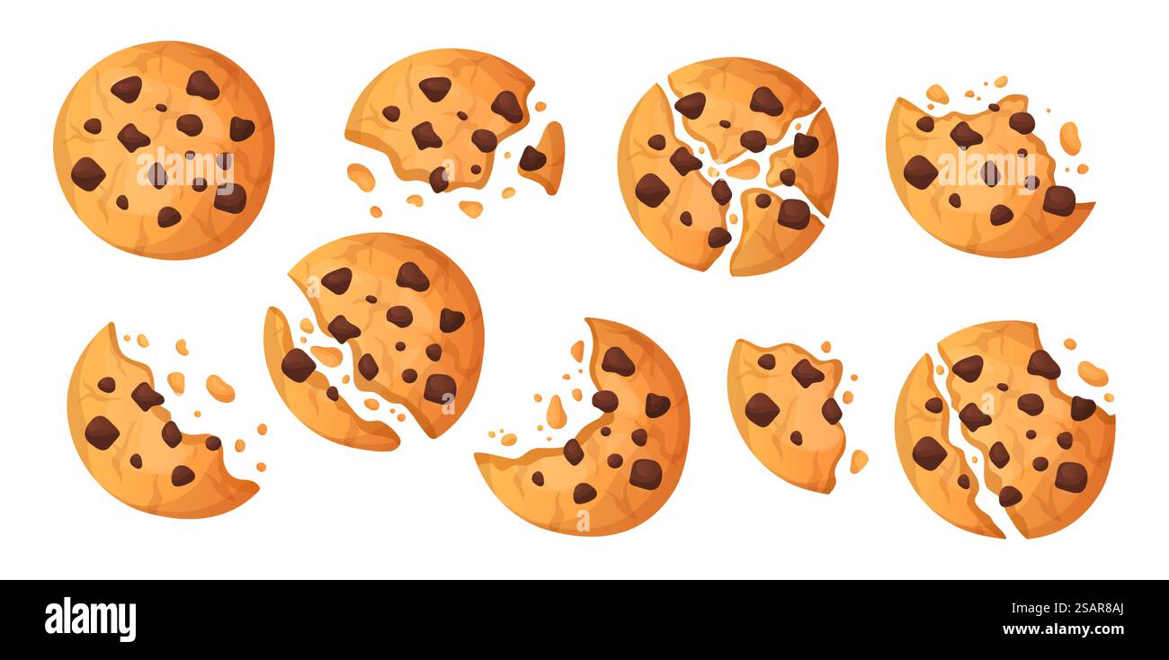 Chocolate chip cookie. Cartoon sweet cake with butter dough. Full and ...