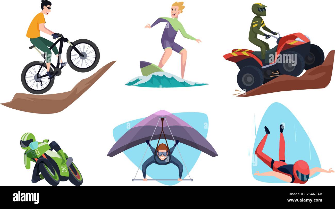 Extreme sports. Dangerous risky outdoor characters motorbike drivers ...