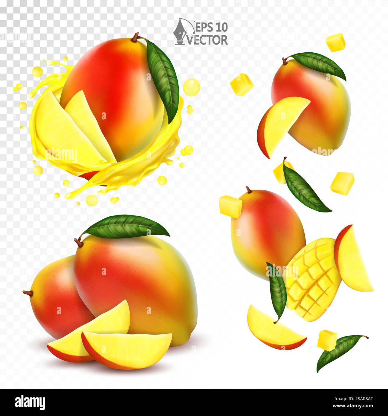 Ripe mango with pieces, slices and leaves falling in the air isolated ...