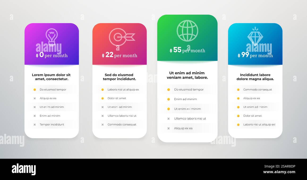 Pricing plans. Business product subscription list layout. Grids and ...
