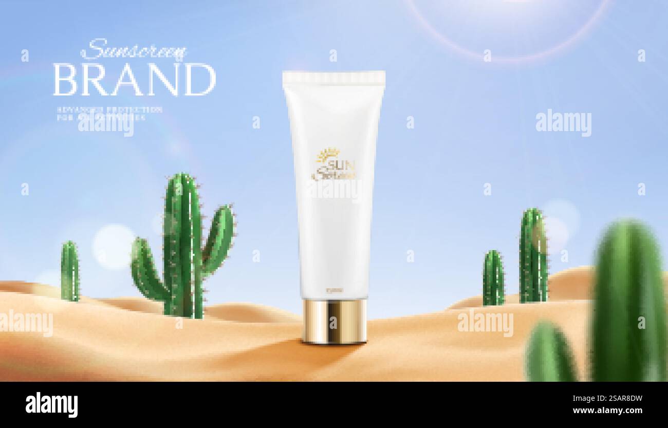 3d hot summer sunscreen tube ad. Illustration of sunblock product ...