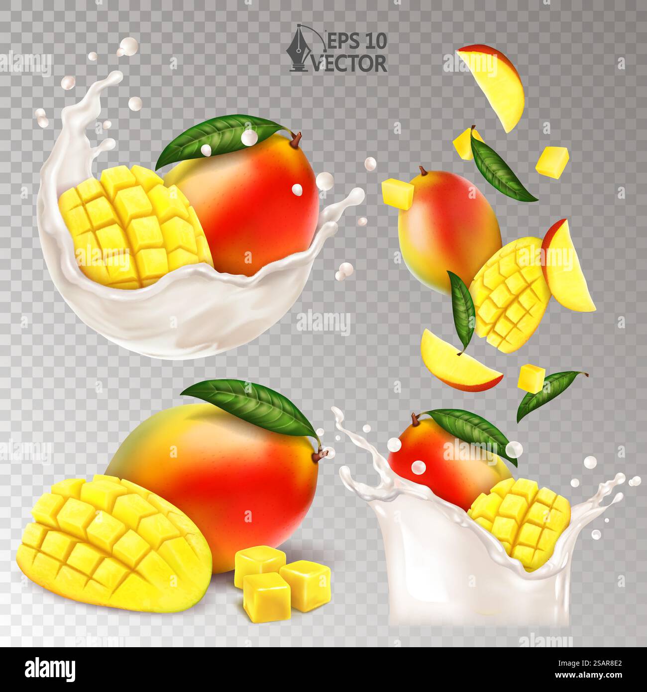 Natural fresh mango in a splash of milk or yogurt. Realistic ripe ...