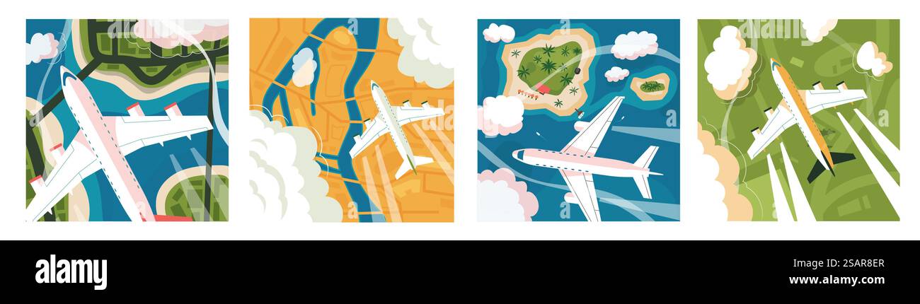 Plane aerial view. Summer landscape with flying air transport, top view ...