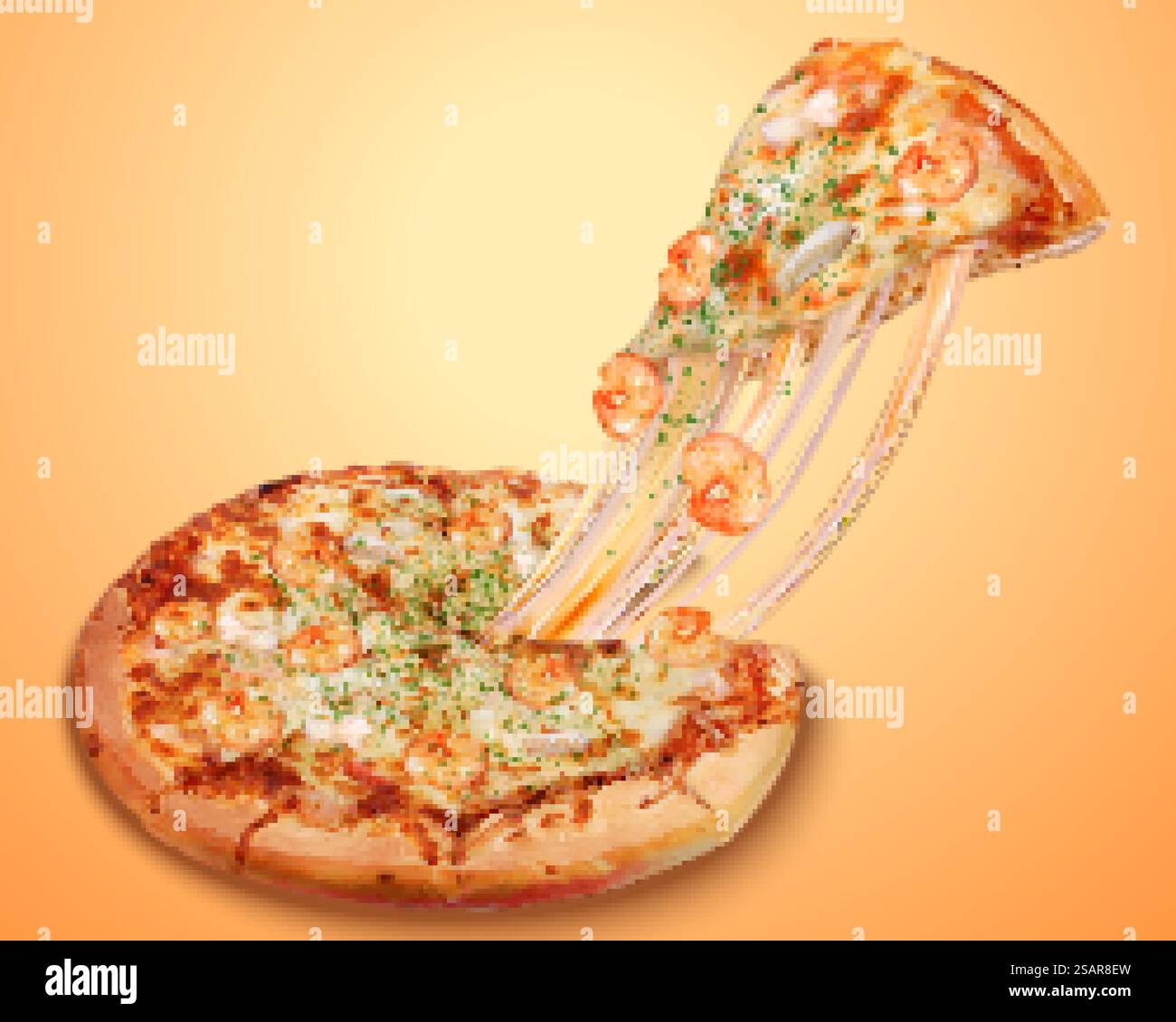Stringy seafood pizza poster ads with cheese and rich ingredients in 3d ...