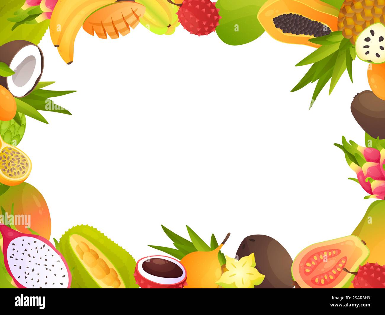 Exotic fruit frame. Cartoon tropical juicy food blank border. Sweet ...