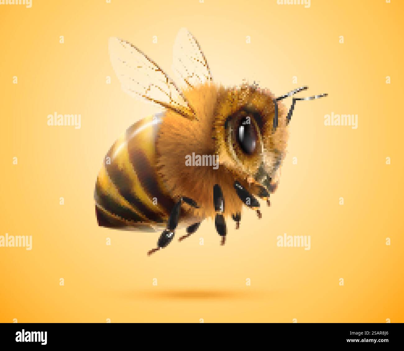 Fluffy honey bee in 3d illustration on yellow background. Fluffy honey ...