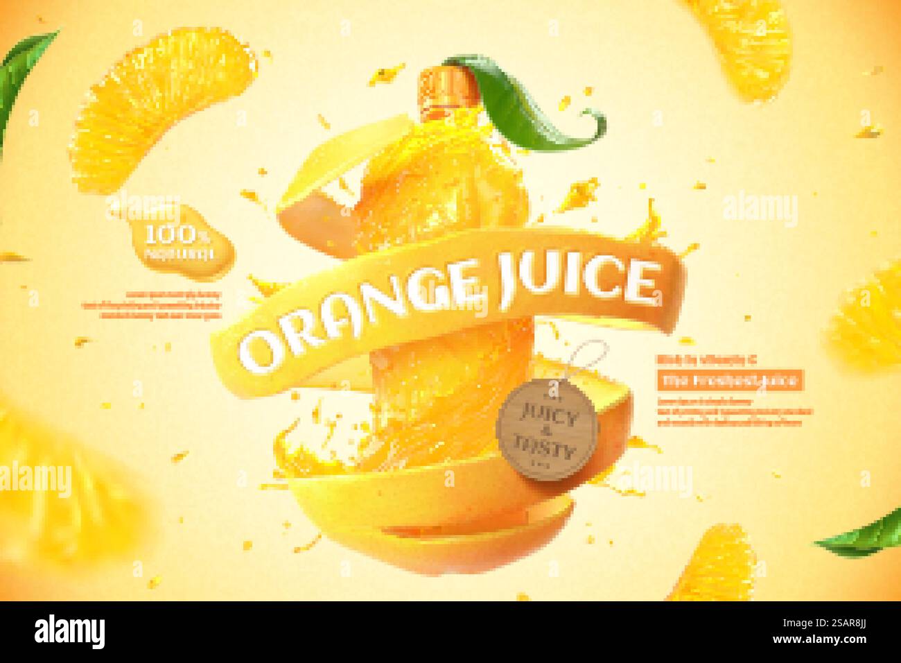 Orange bottle juice ads with splashing liquid and fresh pulp in 3d ...
