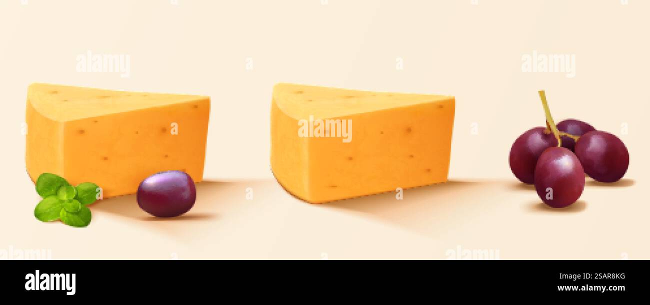 Chunks of cheddar cheese, grapes, and mint. 3d organic food element on ...