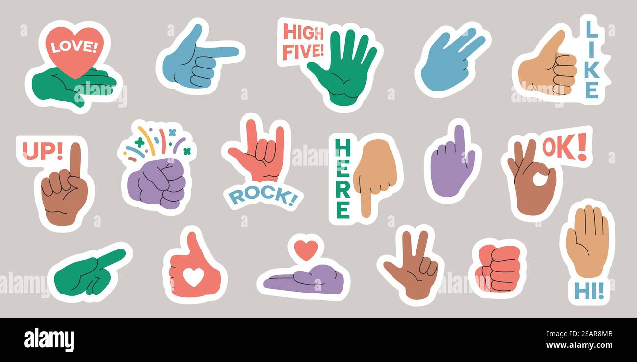 Comic hand stickers. Cute labels with hand expression and gestures ...