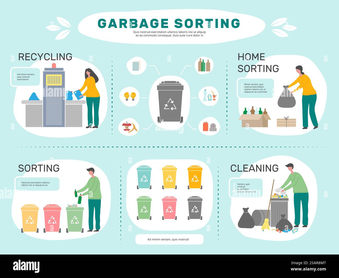 Garbage recycling. Waste management infographic characters collect ...