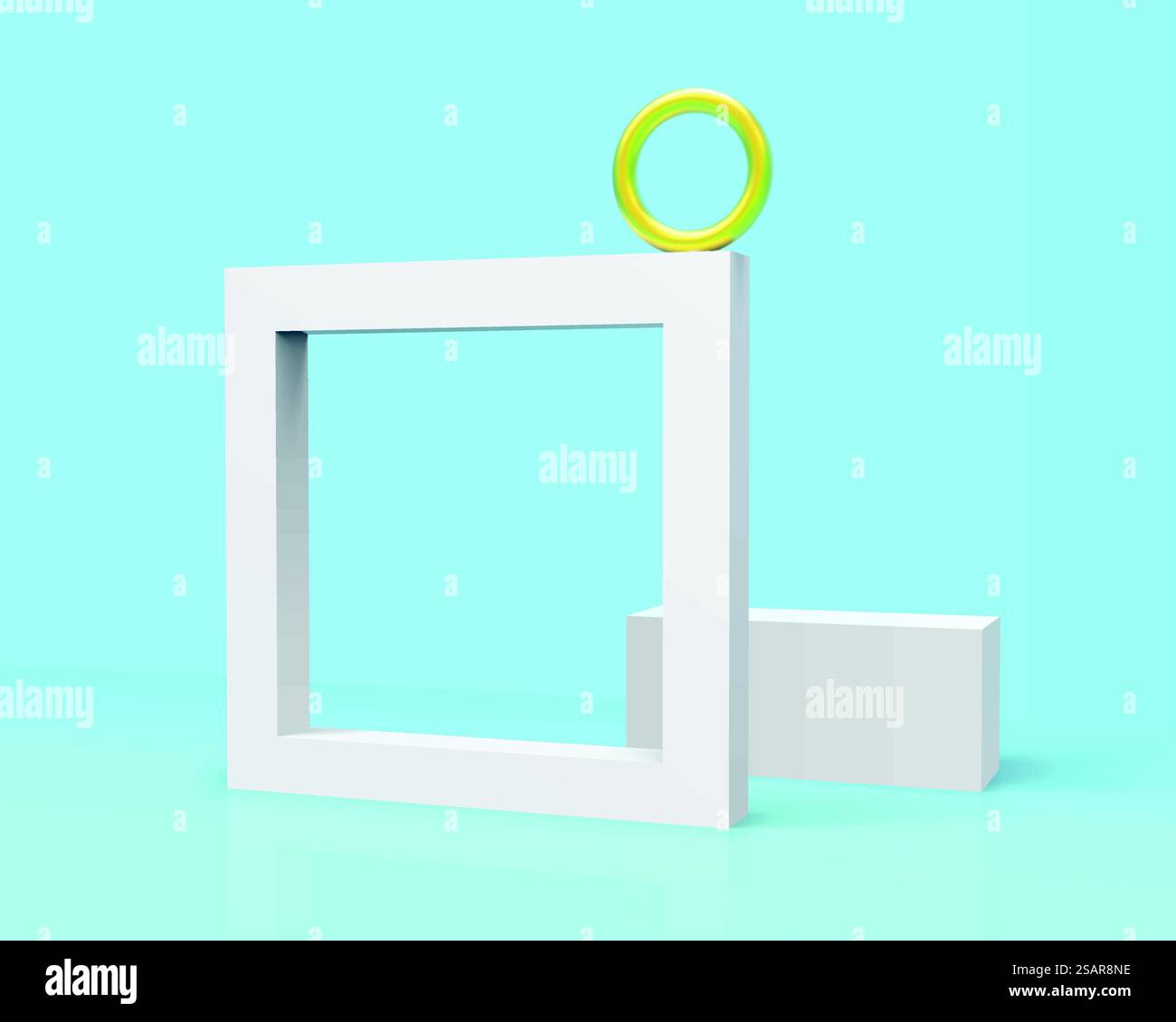 Light blue geometric scene with ring, hollow frame and cuboid. Light ...