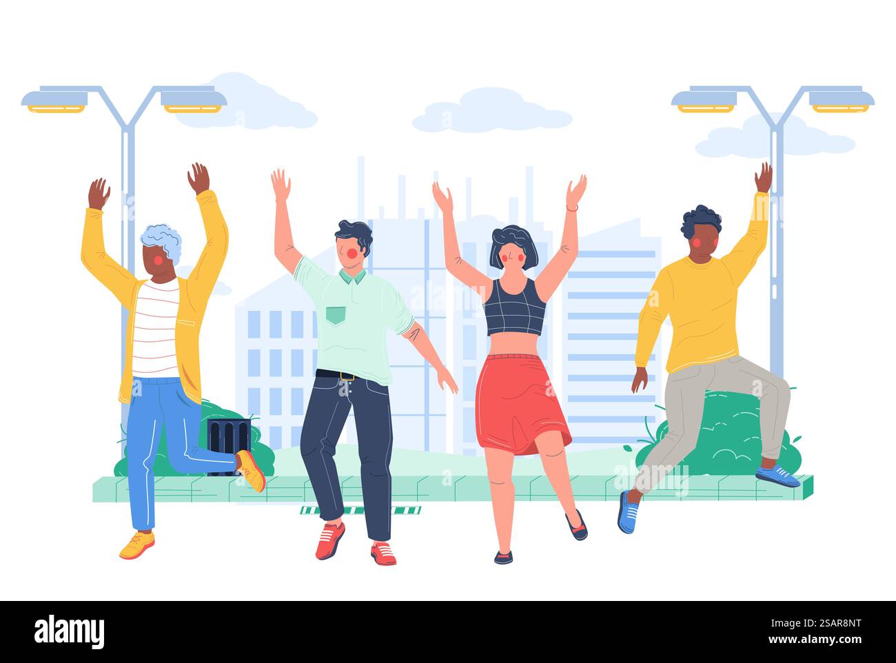 Happy positive people on street over cityscape background vector ...