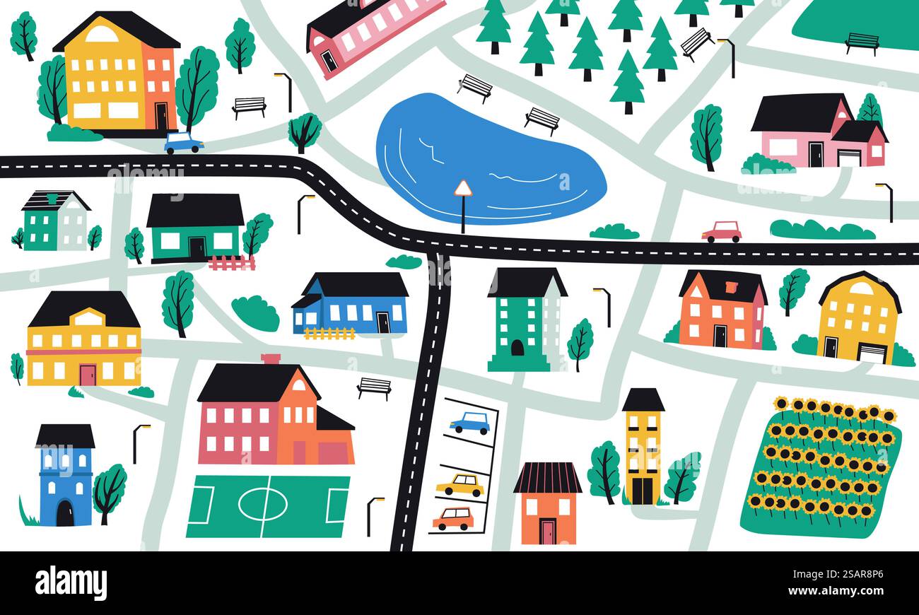 Abstract doodle country. Cute hand drawn cozy cottage buildings with ...