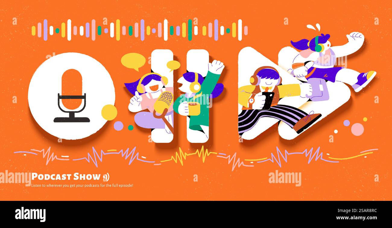 Flat style illustration of people listening to podcast with headphone ...