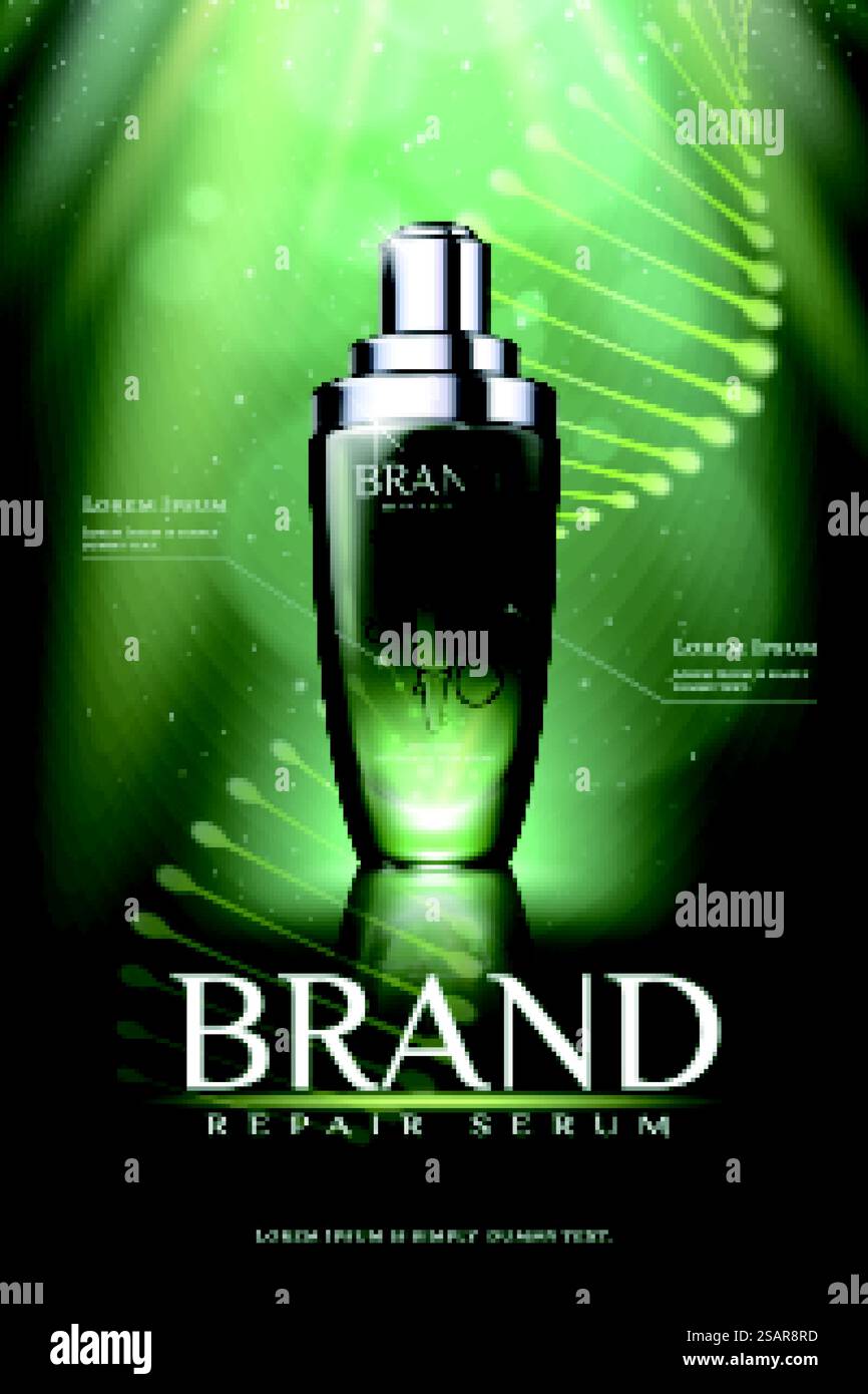 Green tone skincare droplet bottle ads with glowing gene helix effect ...
