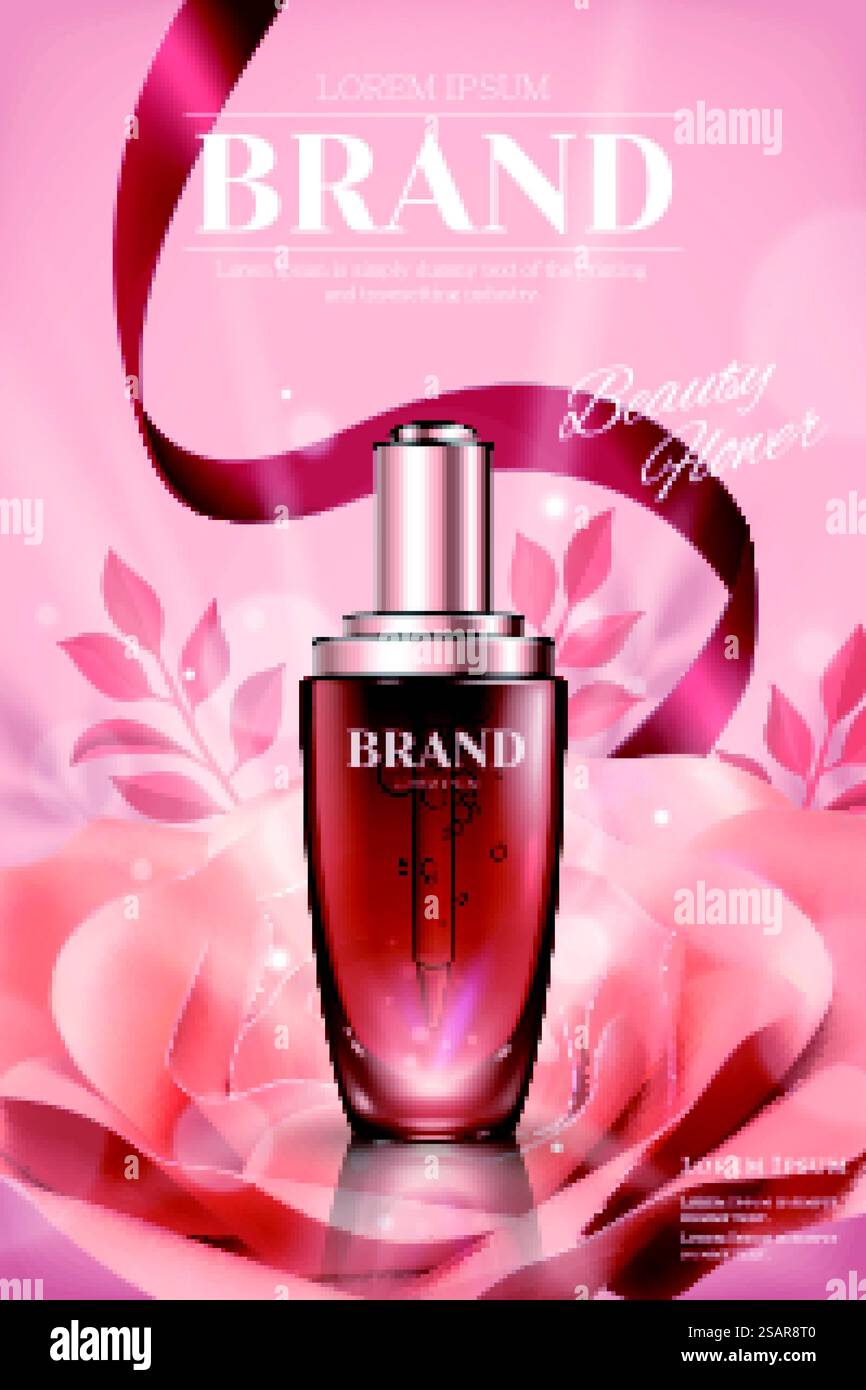 Droplet bottle ads with romantic paper rose and ribbons in 3d ...