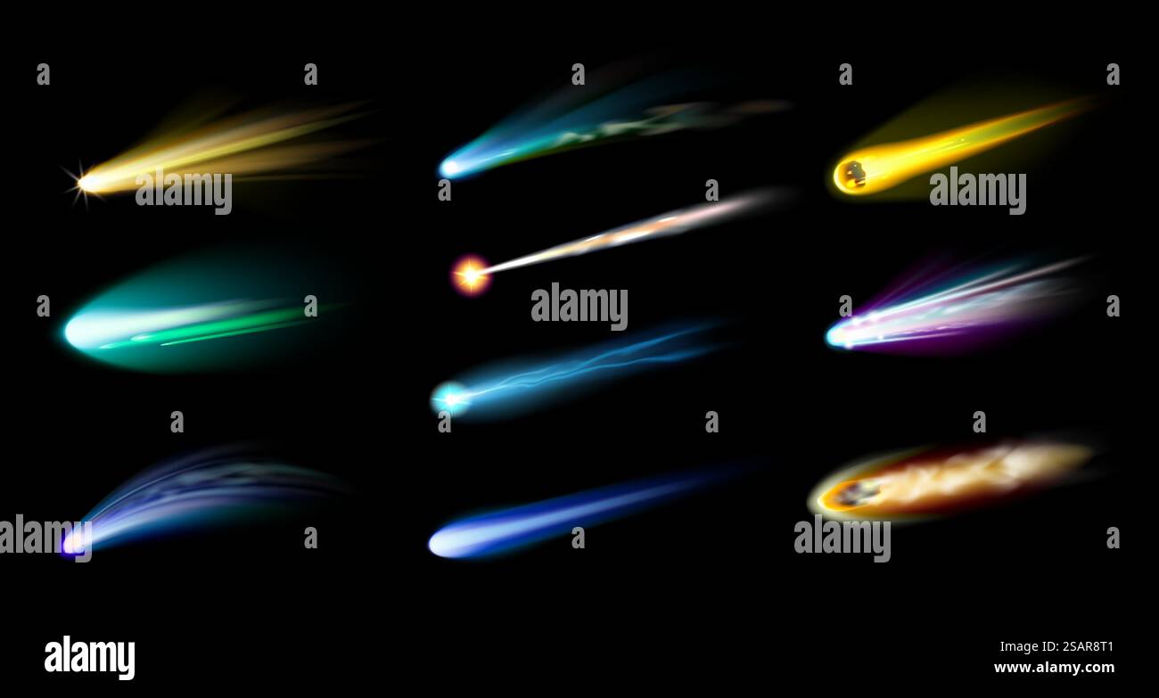 Realistic shooting star. 3D falling meteor trails. Comets flares ...