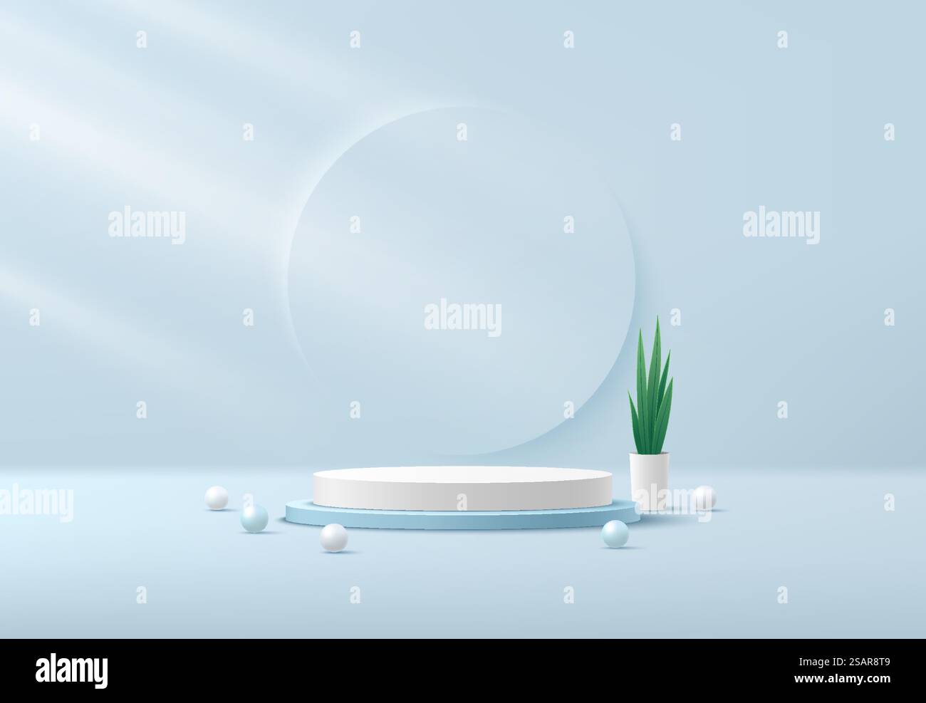 Abstract white and light blue cylinder platform podium. Window lighting ...