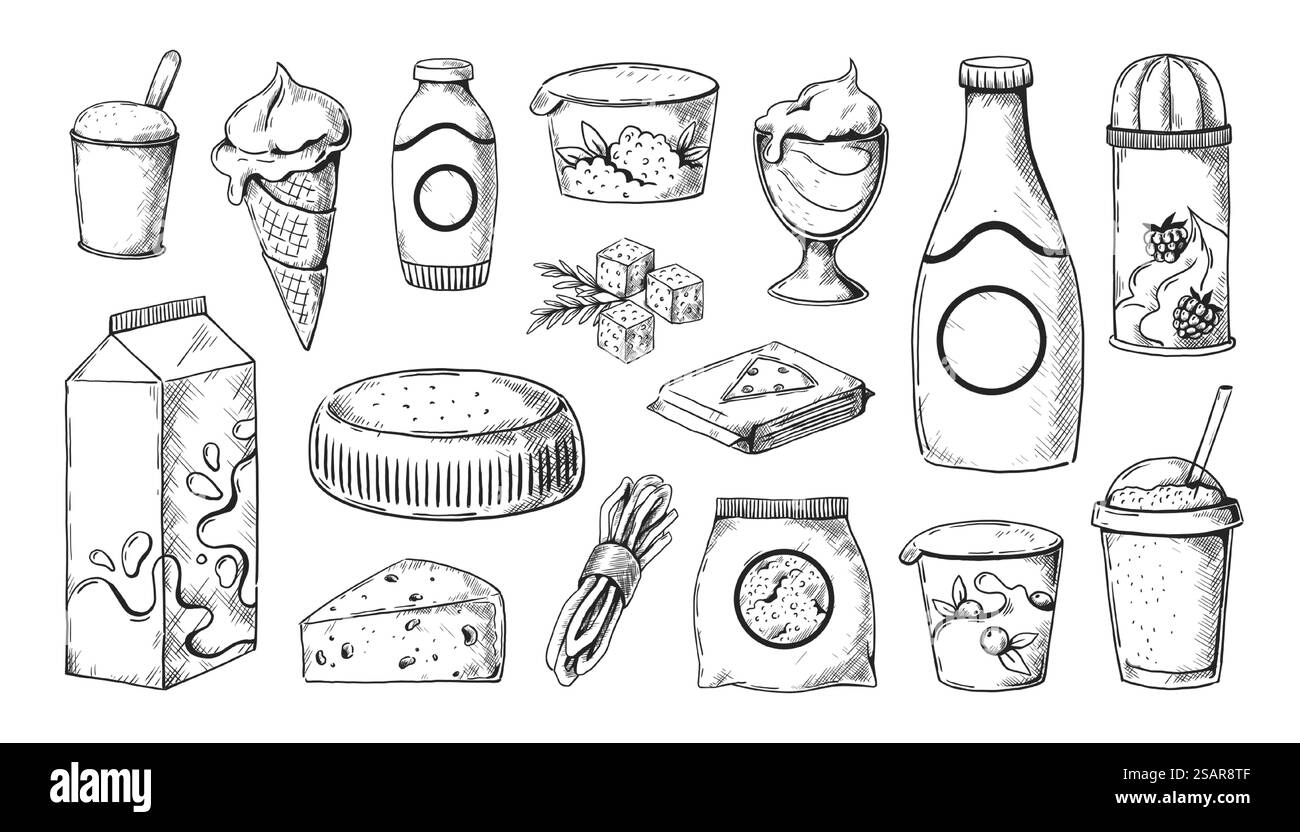 Milk sketch. Hand drawn dairy products in jugs and jars. Farm yogurt ...