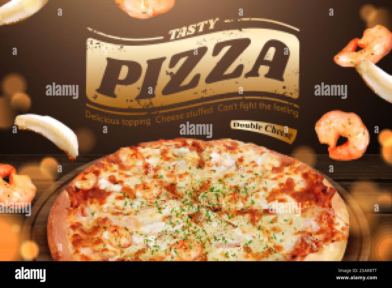 Tasty seafood pizza ads with flying shrimp and squid ring in 3d ...