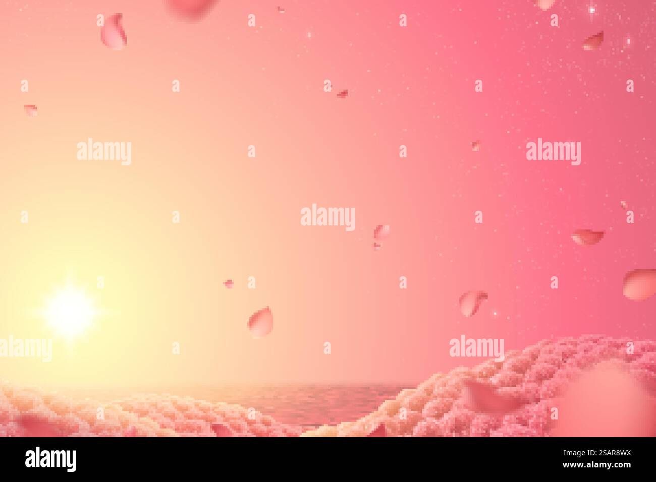 Surreal pink floral field background, with petals flying in romantic ...