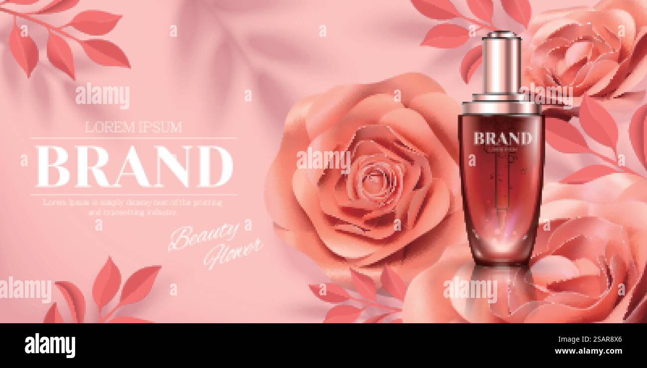 Droplet bottle ads with romantic paper rose decorations in 3d ...