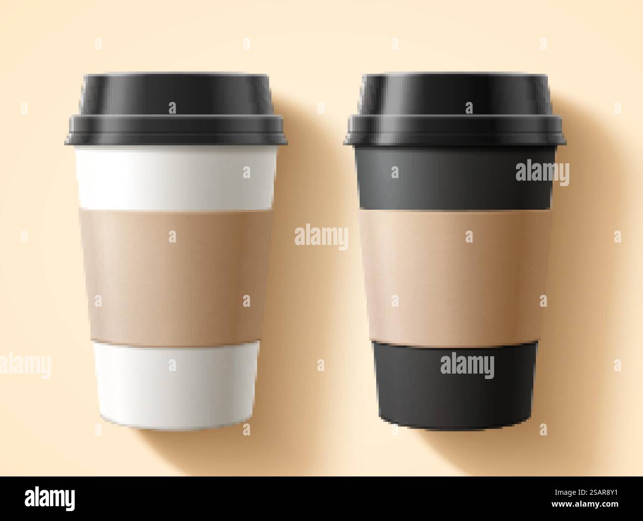 Flat lay of takeaway cup packaging set with blank labels in 3D ...