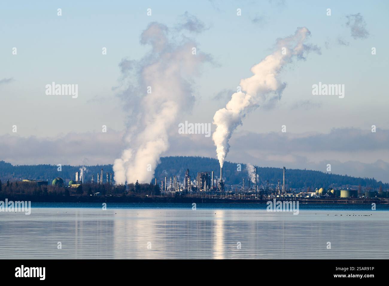 Steam rises from industrial oil refinery on cold winter morning Stock ...