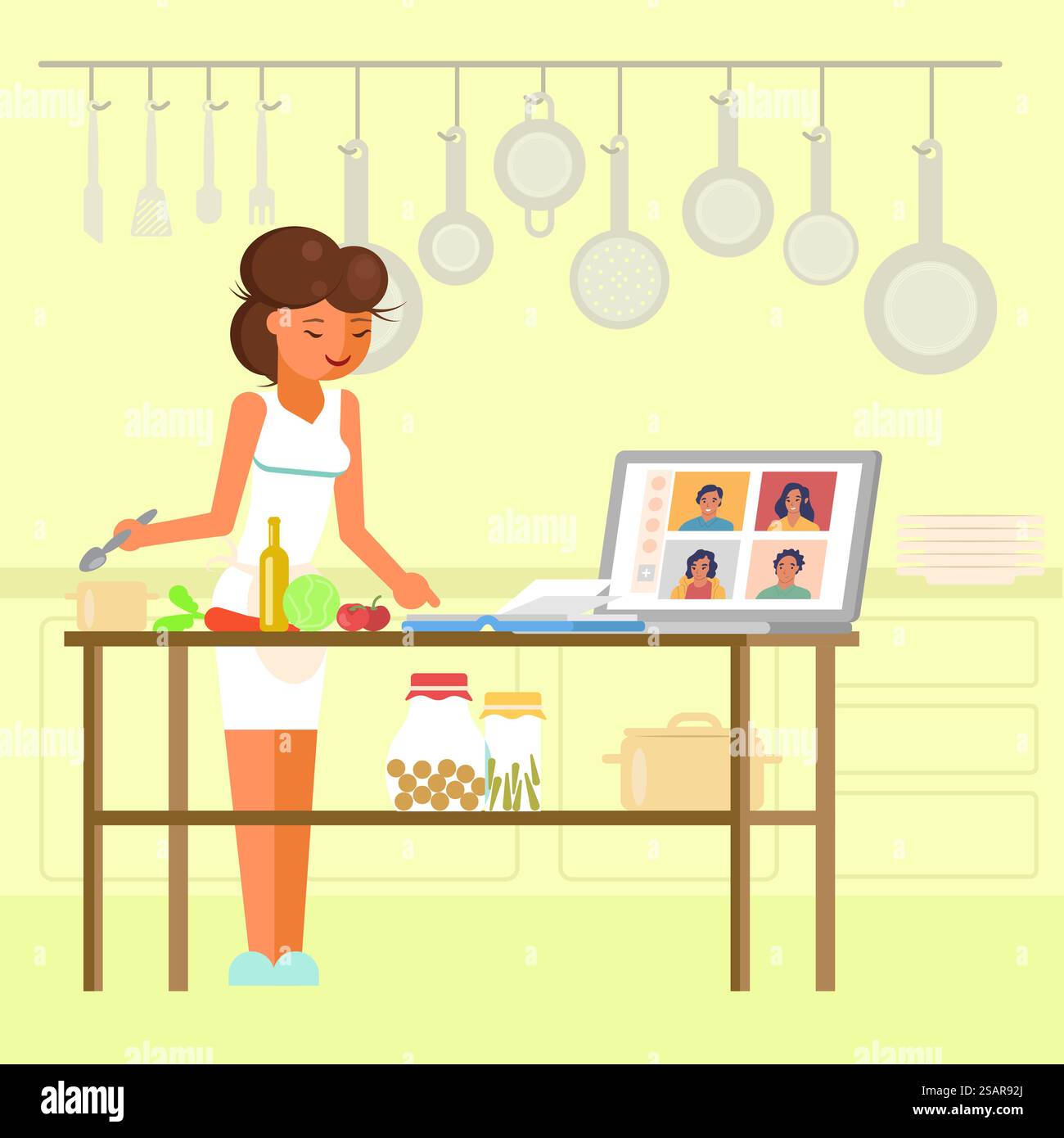 Online cooking masterclass, vector flat illustration. Young woman chef preparing food in kitchen ...