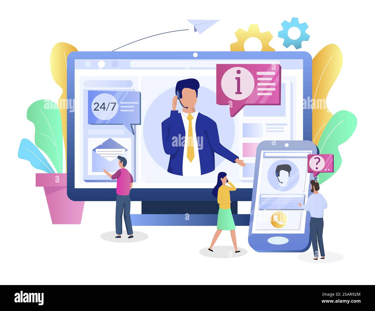 Vector illustration of big computer monitor with call center agent in ...