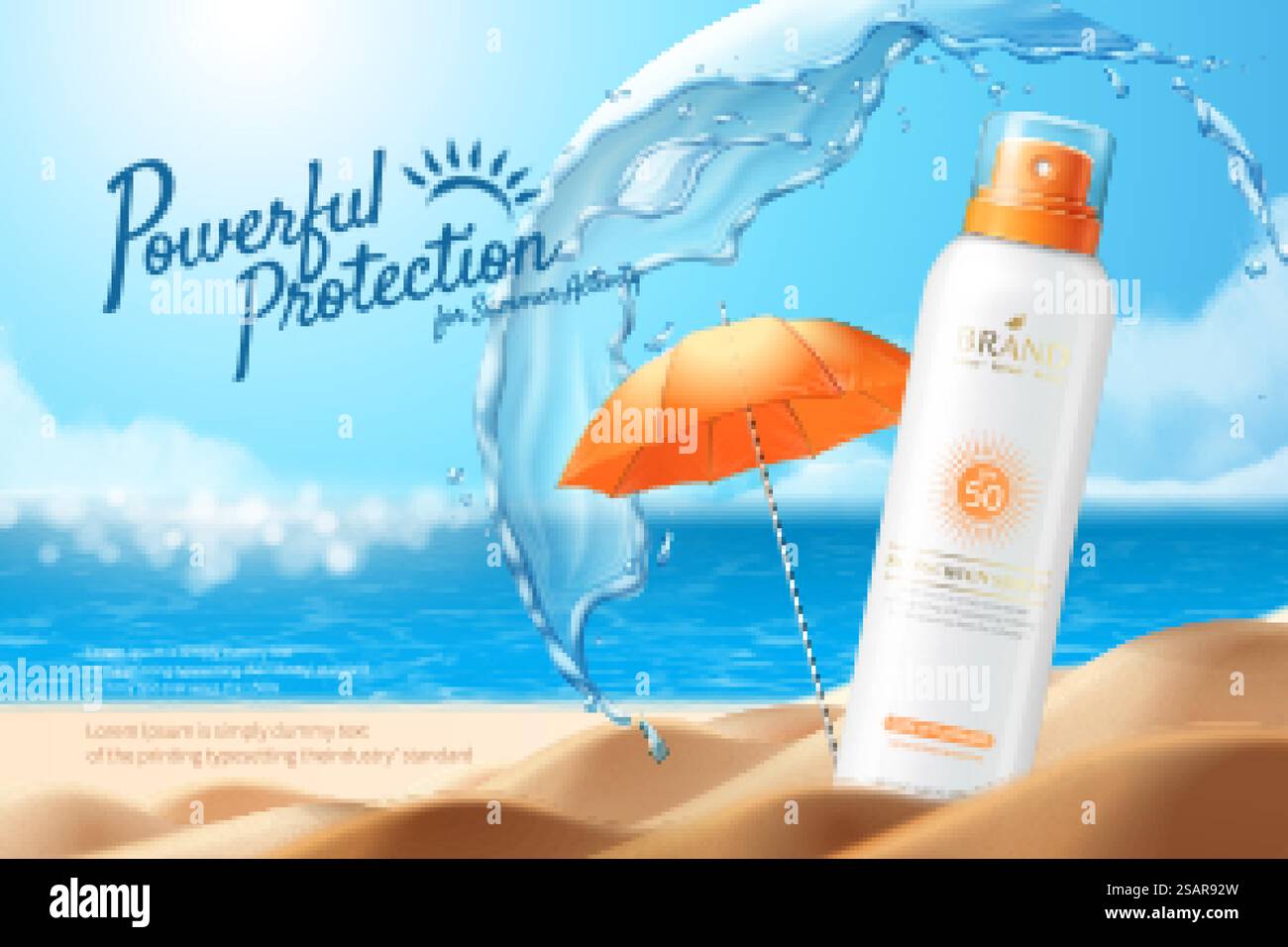 Sunscreen spray ads with water protective shield on summer beach ...