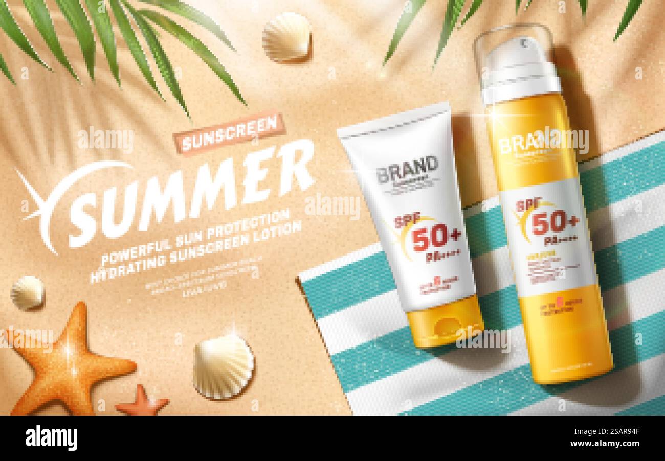 Sunscreen ads at relax summer beach scene in 3d illustration, top view ...