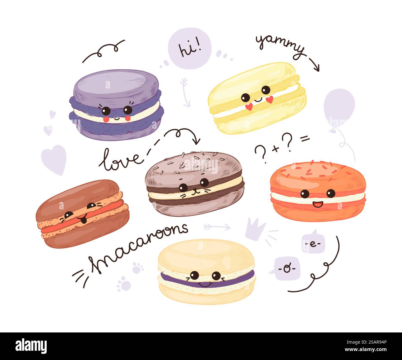 Kawaii macaron. Hand drawn cute French dessert with funny smiling faces ...