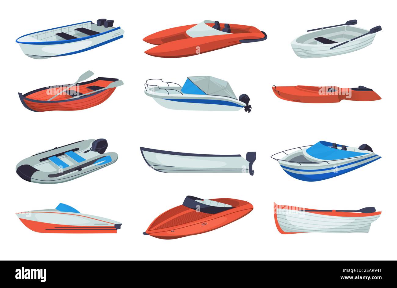 Wooden boats. Cartoon small ships for river and lake sailing. Motor ...