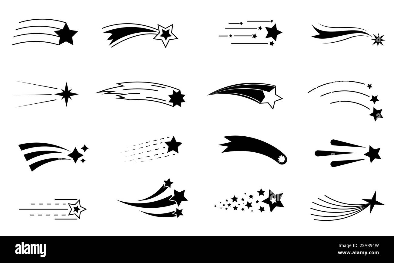 Shooting star icon. Black silhouette symbol of flying meteor with trail ...