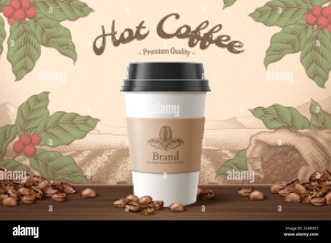 Takeaway cup packaging with label in 3D illustration with coffee beans ...