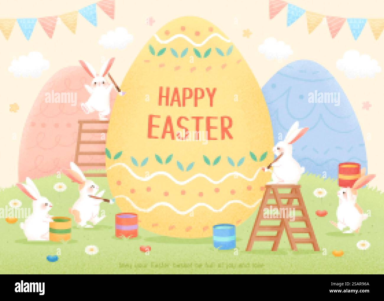Happy Easter illustration of egg decorating activity. Cute rabbits ...