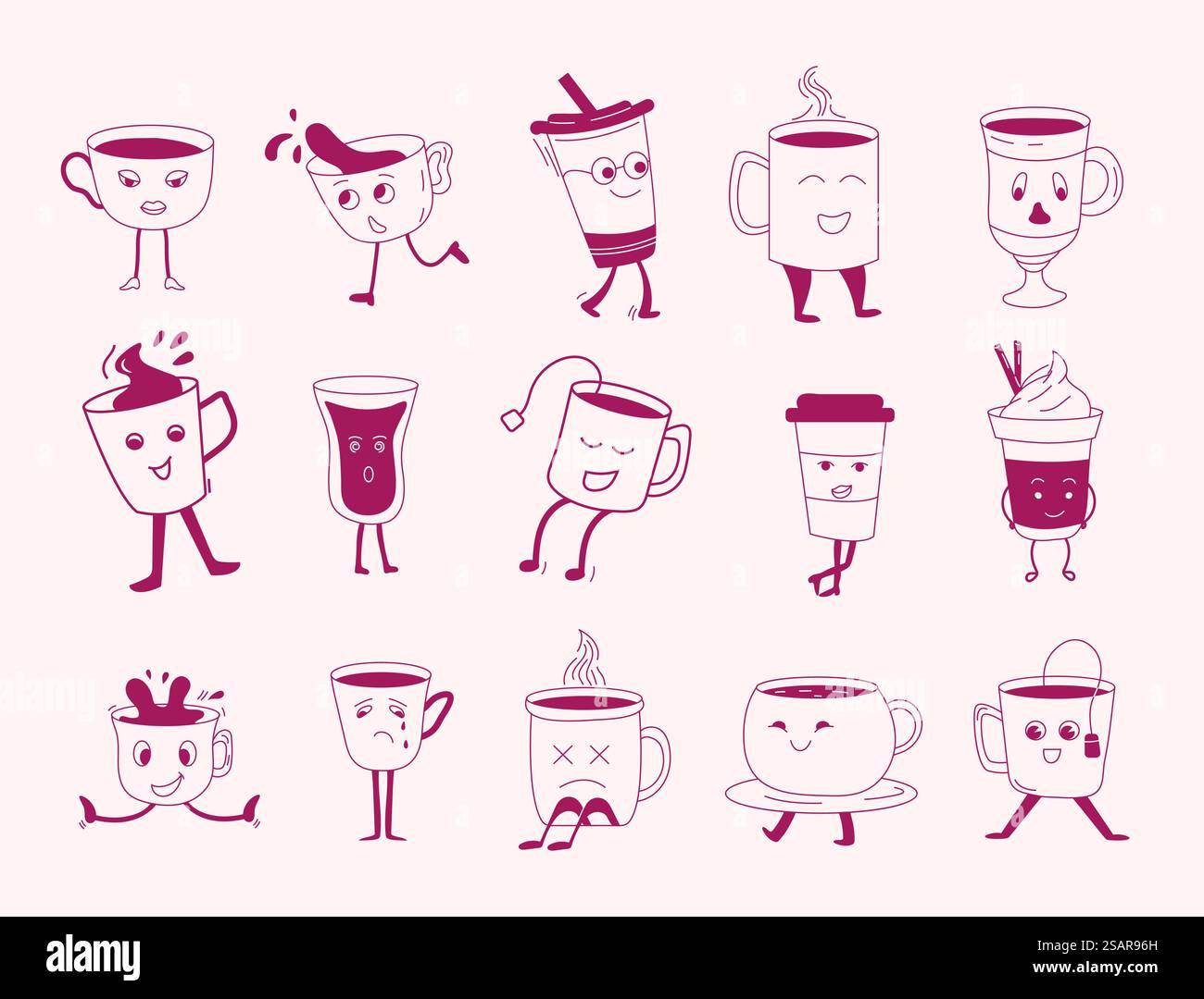 coffee and tea cups depicting various emotions like smiling, laughing ...