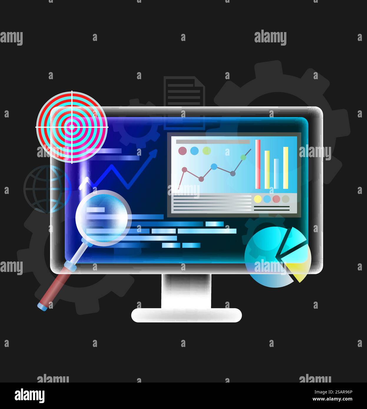 Seo Vector Computer Monitor With Analytics Graph Illustration Online Business Development And