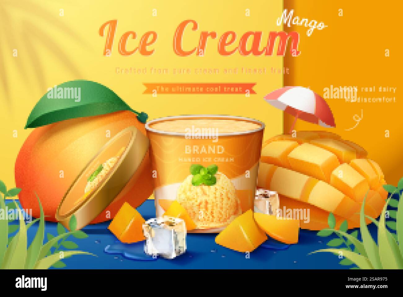 3d mango ice cream ad. Refreshing ice cream cup with mangoes and ice cubes on blue surface. 3d ...
