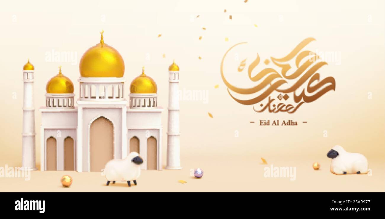 Eid Al Adha Islamic calligraphy with sheep and arabic mosque on beige ...