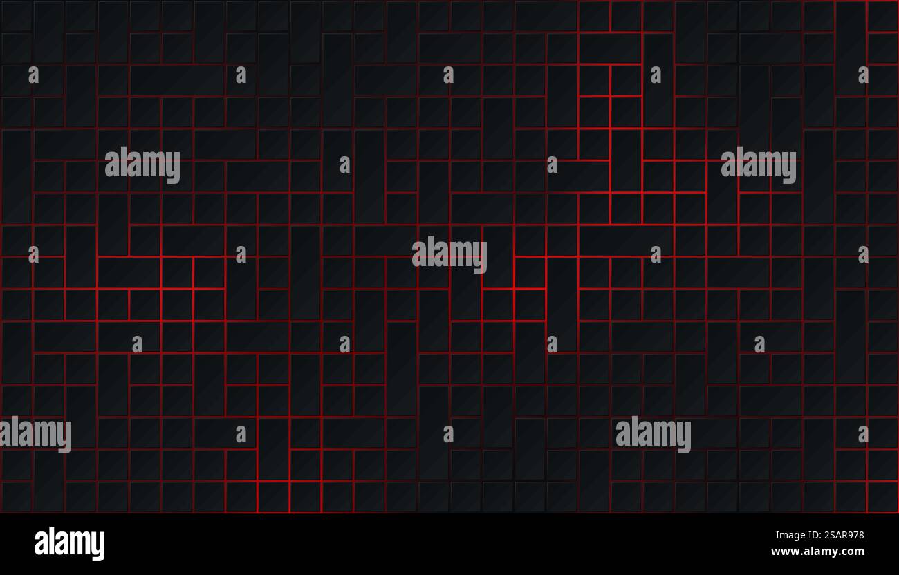 Dark black square pattern on glowing red neon abstract background in technology style. Modern ...