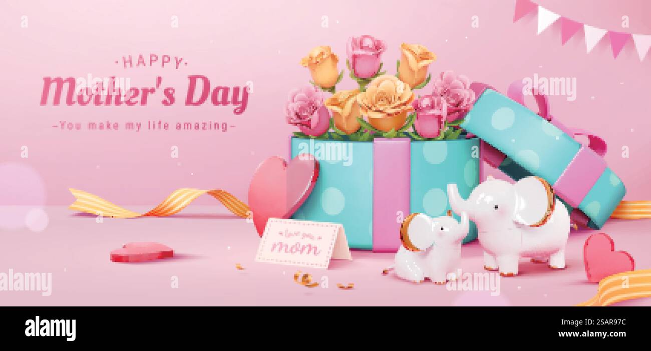 Pink Mother’s Day card with mammals. 3D Illustration of elephant ...