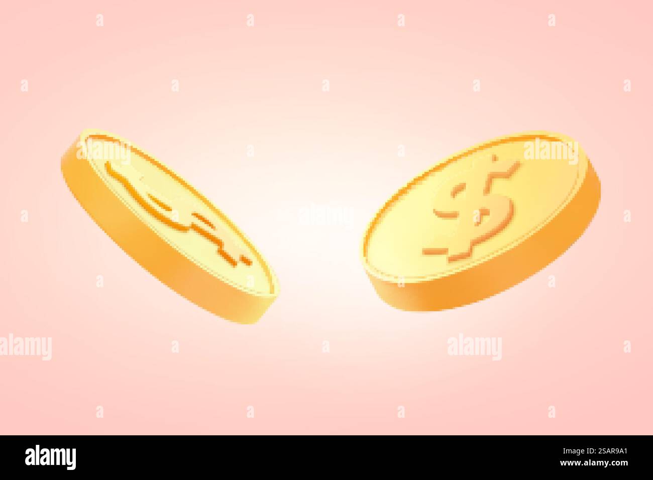 3D gold coins. Illustration of two coins with dollar signs engraved on their surfaces. 3D gold ...