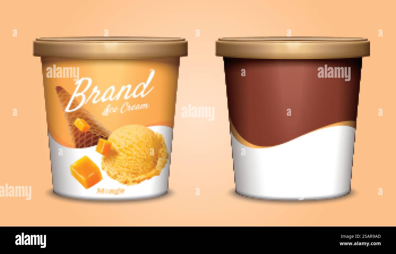 Mango ice cream cup container package design in 3d illustration. Mango ...