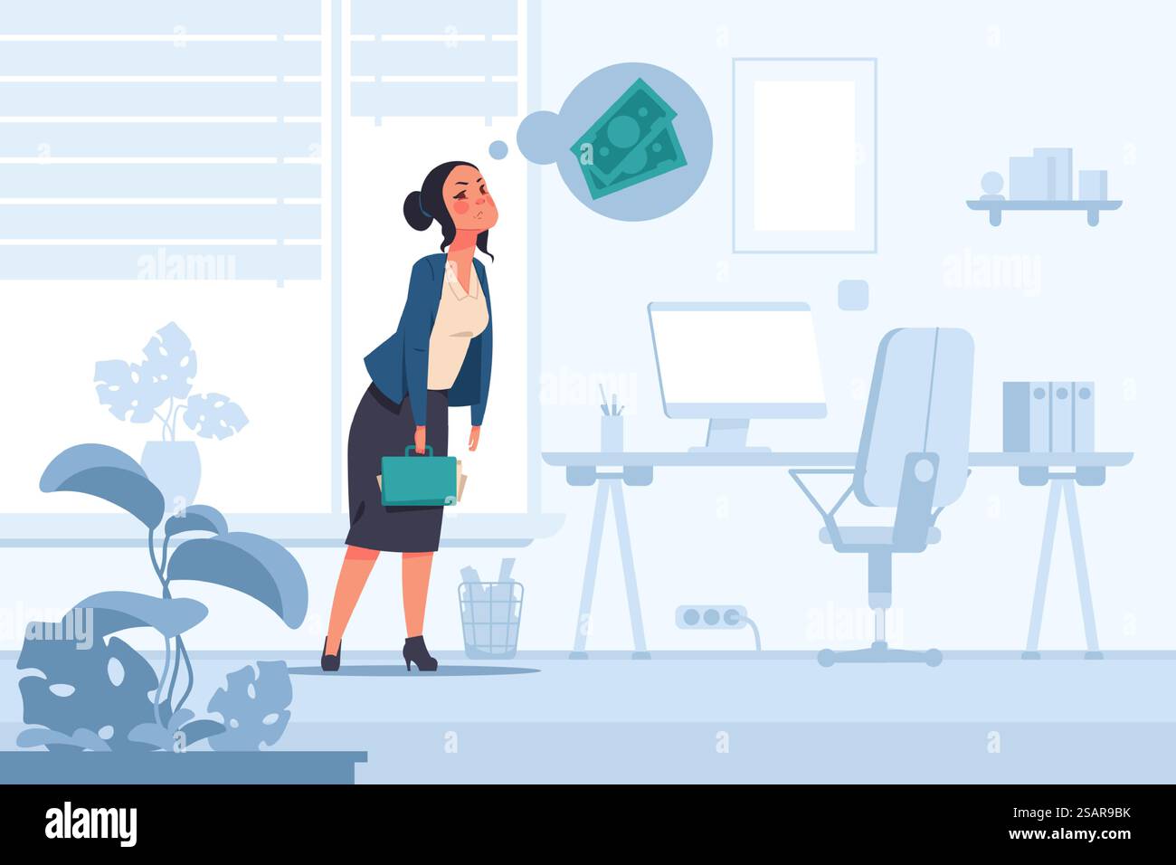 Financial problem. Cartoon unhappy woman thinking about money. Anxious ...